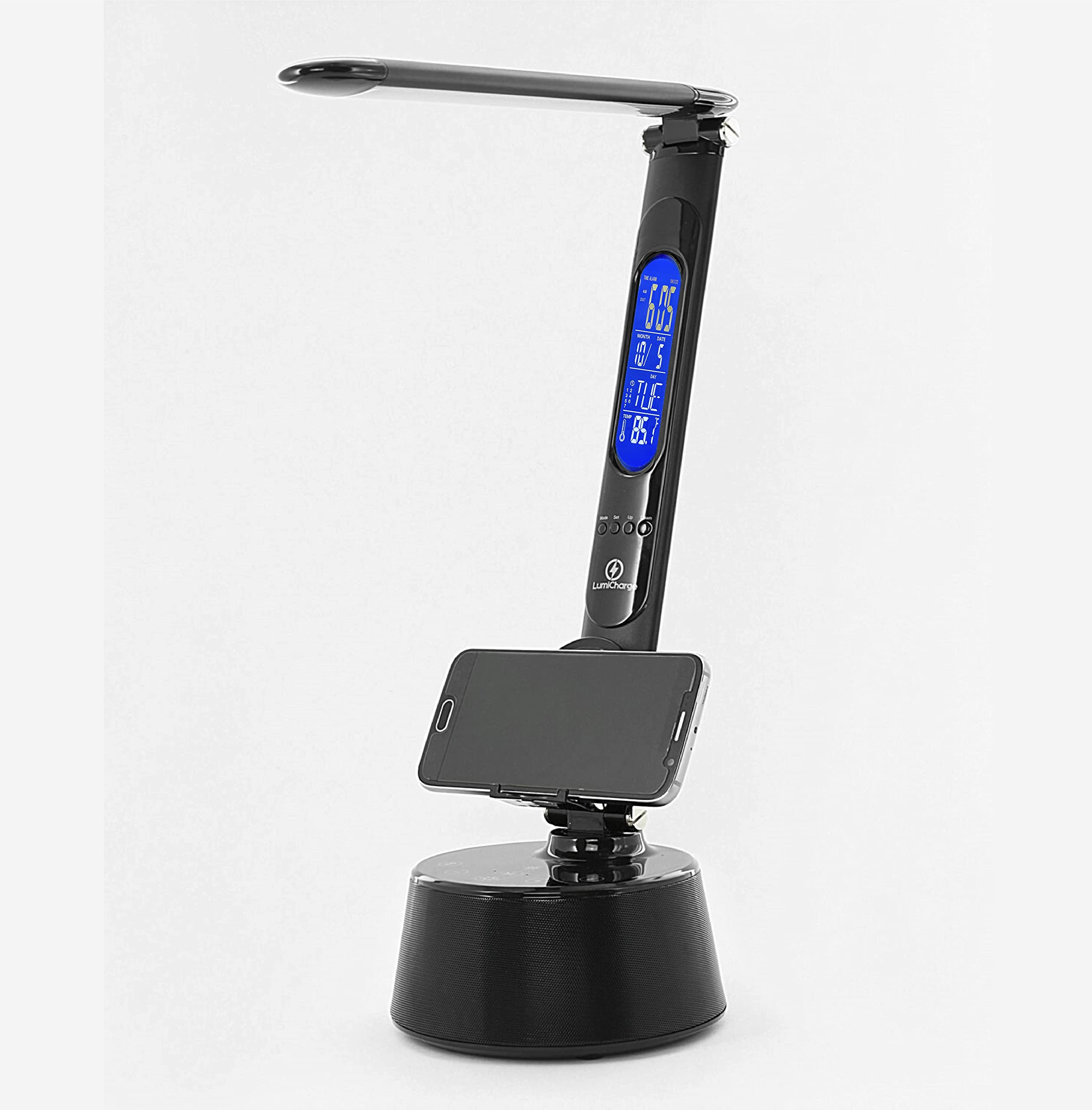 LumiCharge T2W- LED Desk Lamp,Bluetooth Speaker, Desk Lamp with Wireless Charger Compatible with iPhone, USB Charging Port, Table Lamp with Clock, Date, Temperature, Bedside lamp for Home Office