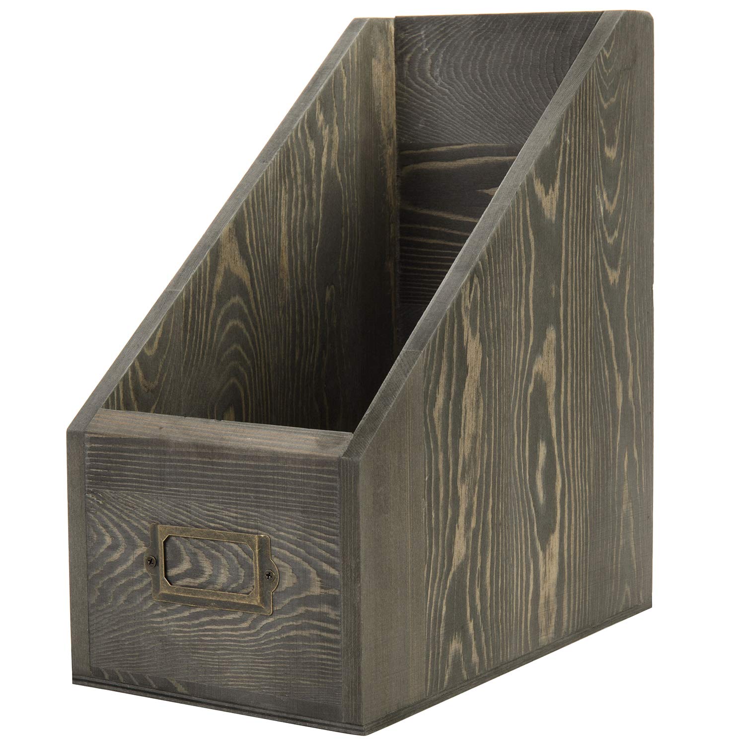 MyGift Vintage Gray Wood Magazine File Holder, Office Document Folder and Paper Organizer Bin with Metal Label Holder