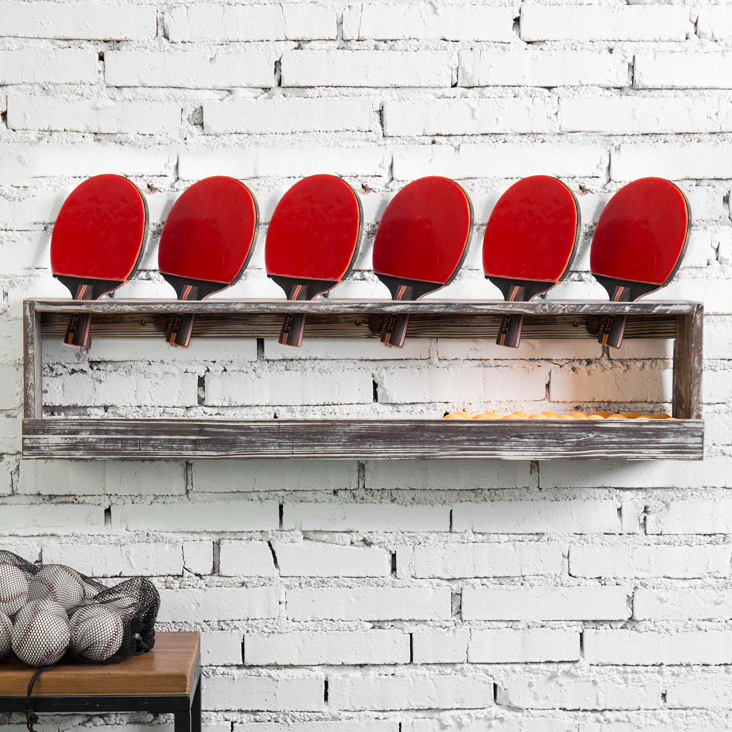 MyGift Wall Mounted Torched Wood Table Tennis Rack for Ping Pong Paddles and Balls Storage Shelf