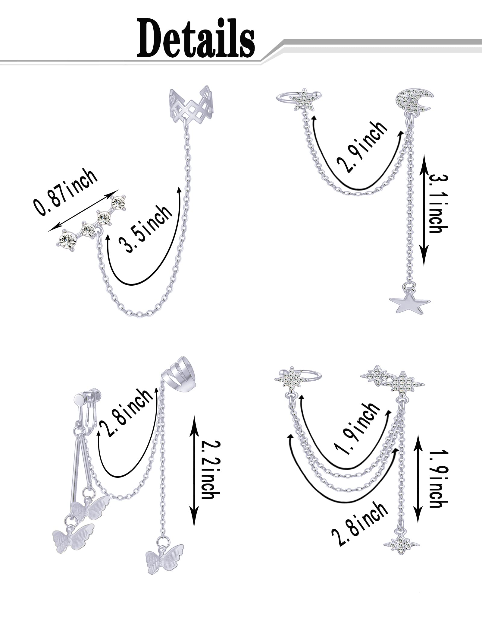 Ofeiyaa 6Pcs Tassel Ear Cuff Butterfly Snowflake Flower Star Moon Leaf CZ Cuff Earring Chain Set Crawler Climber Dangling Chain Wrap Clip on Earrings Jewelry for Women Men