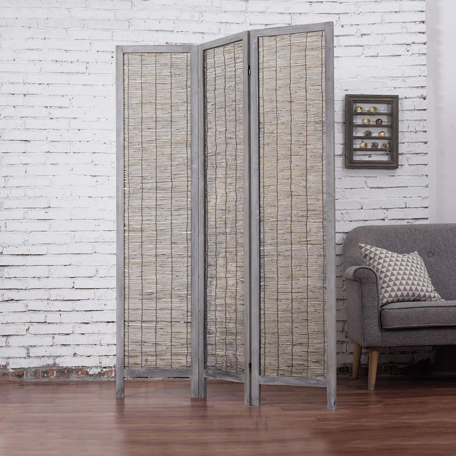 MyGift Woven Reed 3 Panel Room Divider Screen with Vintage Distressed Gray Solid Wood Frame