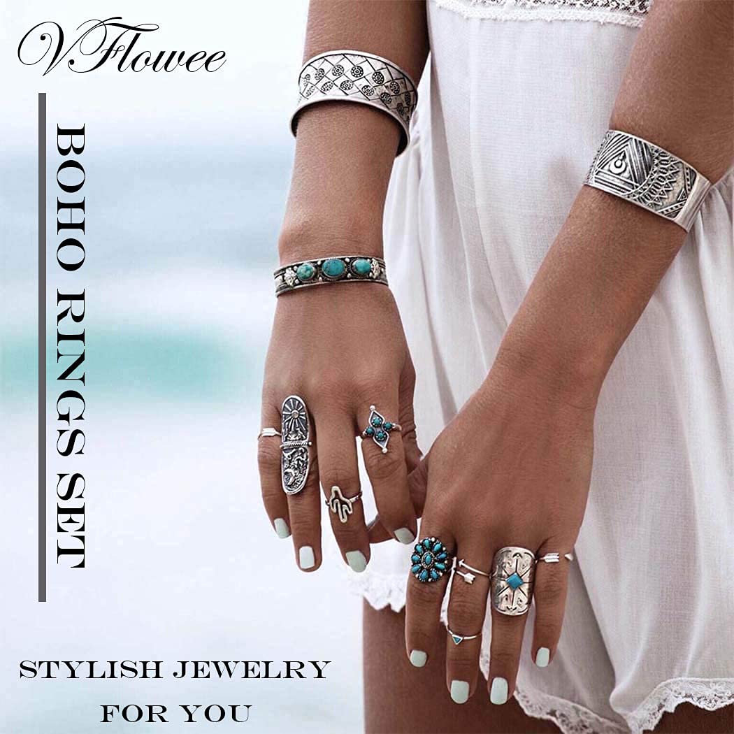 NEEBAOLY 45Pcs Boho Knuckle Rings Set Turquoise Gemstone Vintage Stackable Finger Rings Midi Ring for Women Hollow Carved Flowers Gold&Silver Ring Crystal Joint Rings (Ocean)