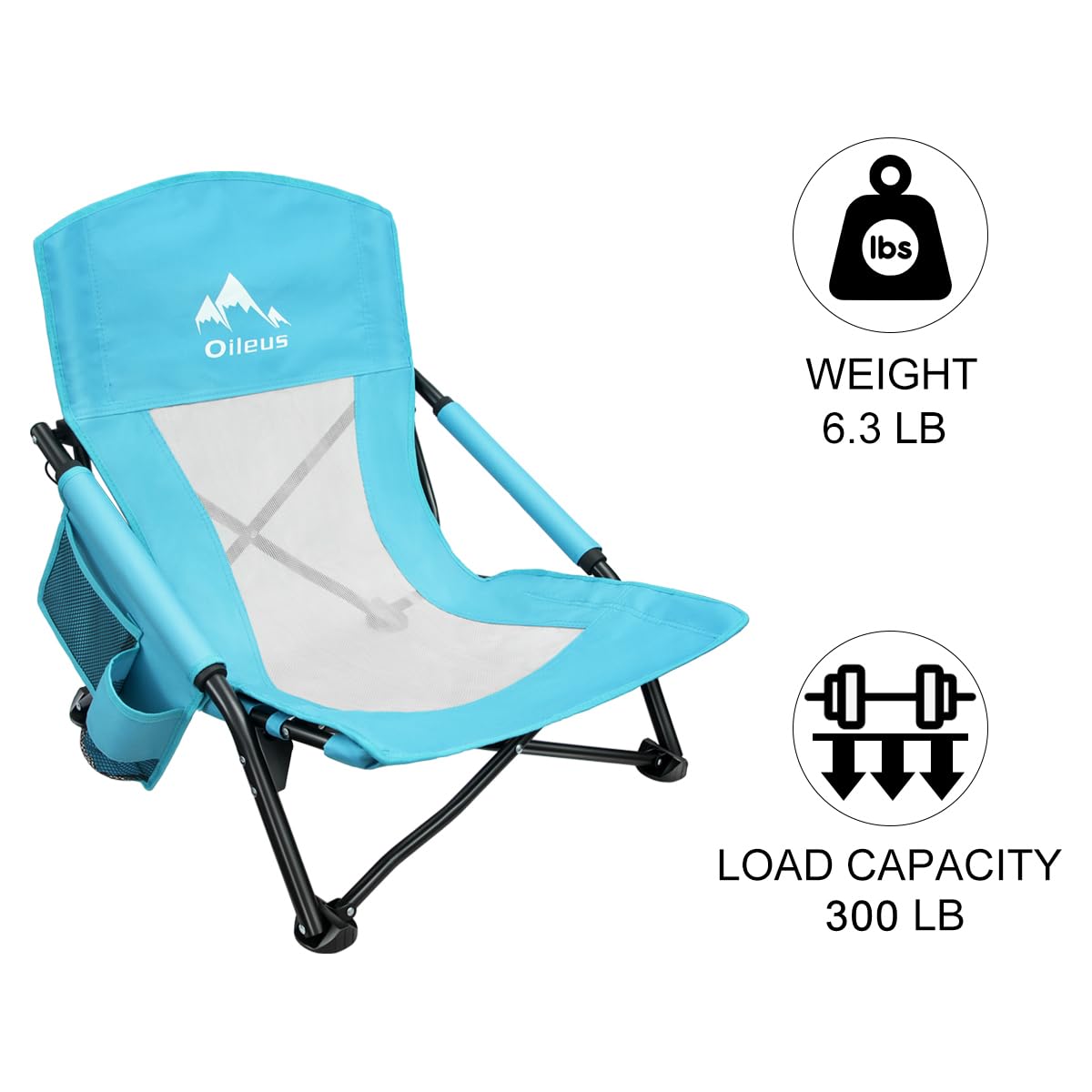 Oileus Low Beach Chair for Beach Tent/Shelter/Camping/Outdoor Ultralight Backpacking Folding Recliner Chairs with Cup Holder/Storage Bag, Carry Bag, Breeze Mesh Back, Compact Duty 2 Pcs