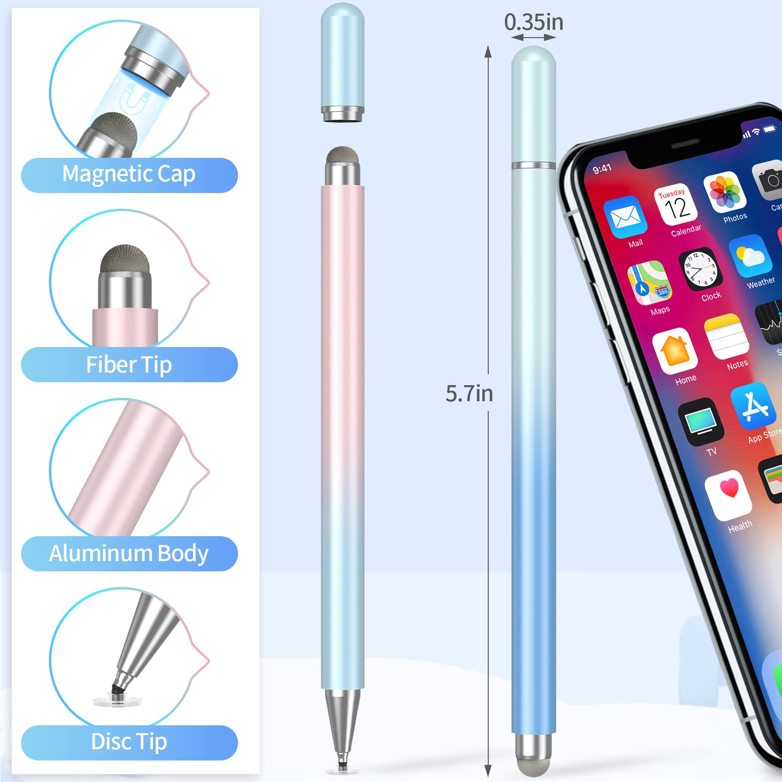 Stylus Pens for Touch Screens(2 Pcs), High Sensitivity 2-in-1 Magnetic Disc Stylus Pen for iPad Compatible with All Capacitive Touch Screens (Blue Pink/Light Green Blue)