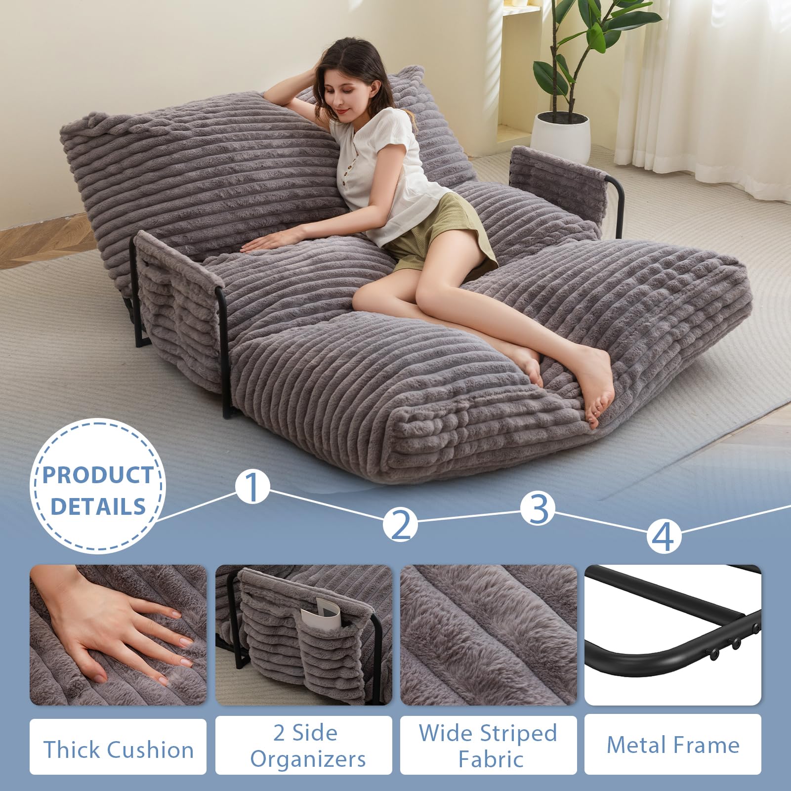YOSHOOT Adjustable Lazy Floor Sofa, Convertible Bean Bag Sofa Bed Couch, 5-Position Foldable Sleeper Chair with Armrest, Versatile Floor Seating Sofa for Reading Gaming, Beige