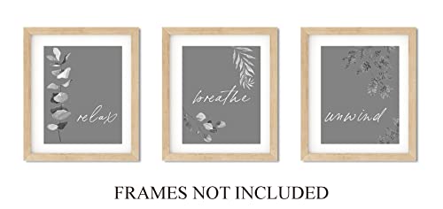 Relax, Breathe, Unwind Bathroom Wall Decor - Set of 3-8"x10" UNFRAMED Prints - Modern, Minimal, Boho, Zen Black And White Art - Bathroom Wall Art (Grey Background)