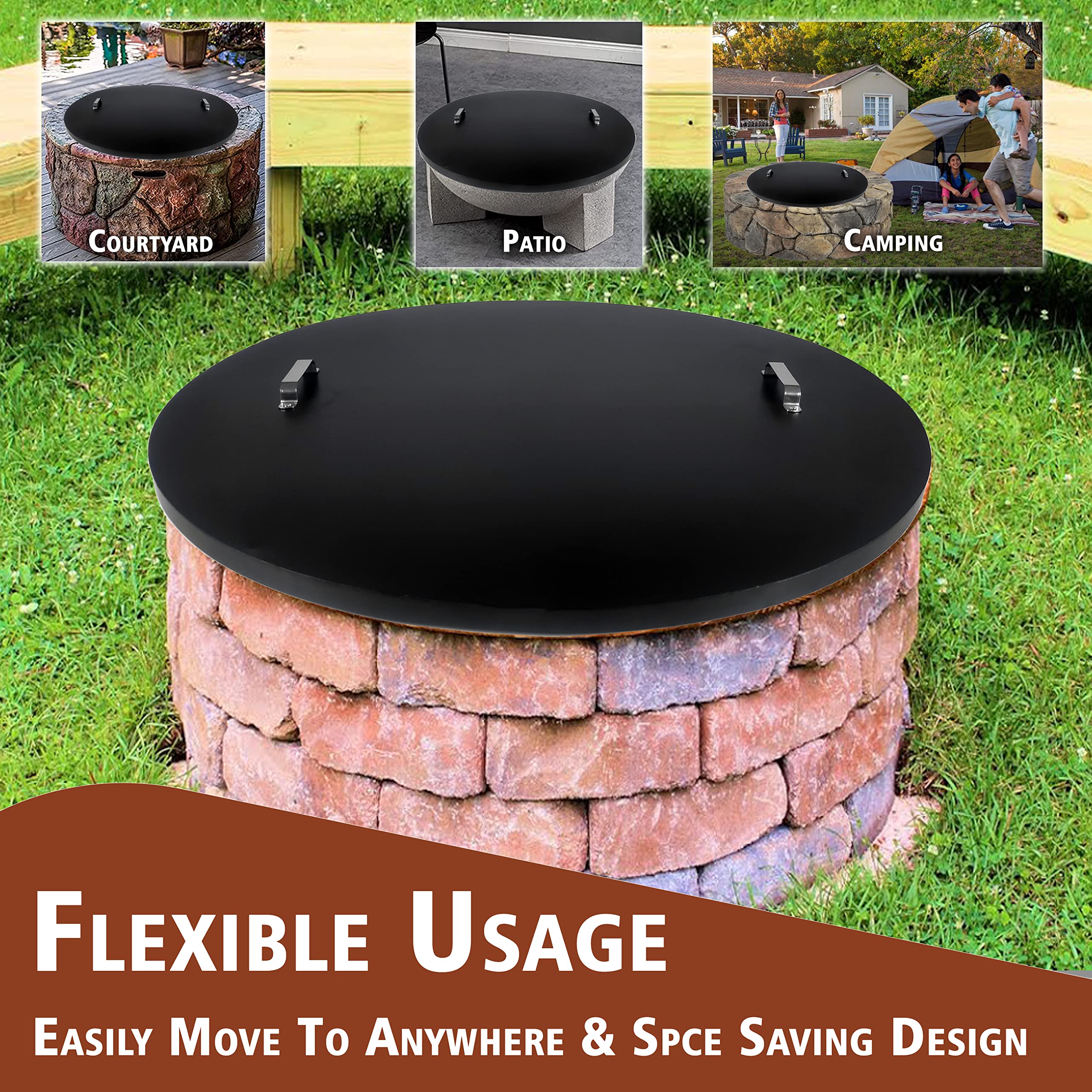 SIMOND STORE Fire Pit Cover Round, Snuffer Lid Ring Finish 38” inch Diameter, Drop-in Burner Fire Pit Pan Lid- 1.5 mm Thickness, Grill Fire Ring Lid with Handle…
