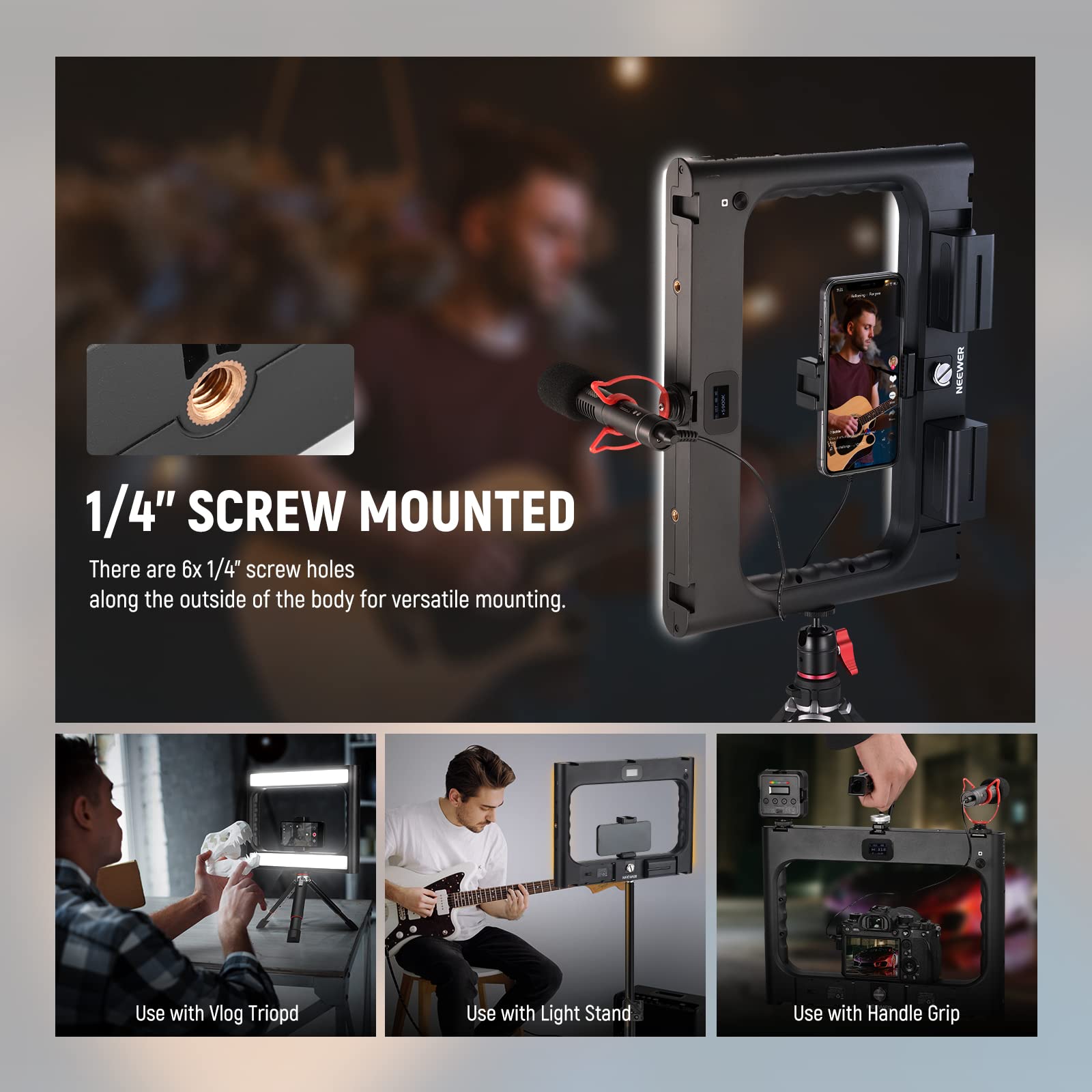 NEEWER RGB-A111 II Smartphone Video Rig with Light Kit, Support Vertical Shoot, Handheld Phone Camera Cage Stabilizer with Cold Shoes/Shutter/Battery, 17 Scenes RGB Ring Light 2500K-10000K CRI97+