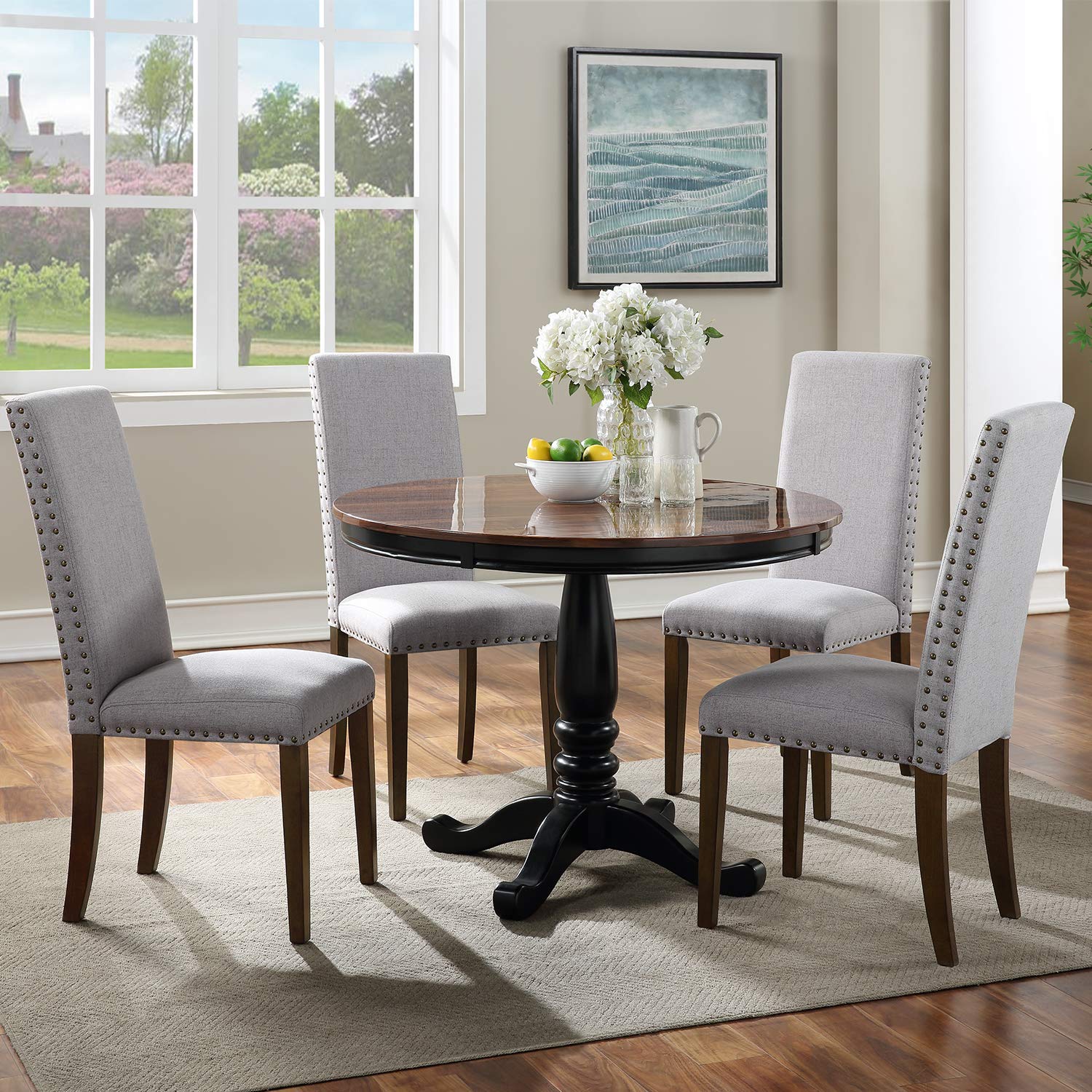 Merax Dining Chairs Set of 2, Fabric Dining Chairs with Copper Nails and Solid Wood Legs (Grey, Set of 2)