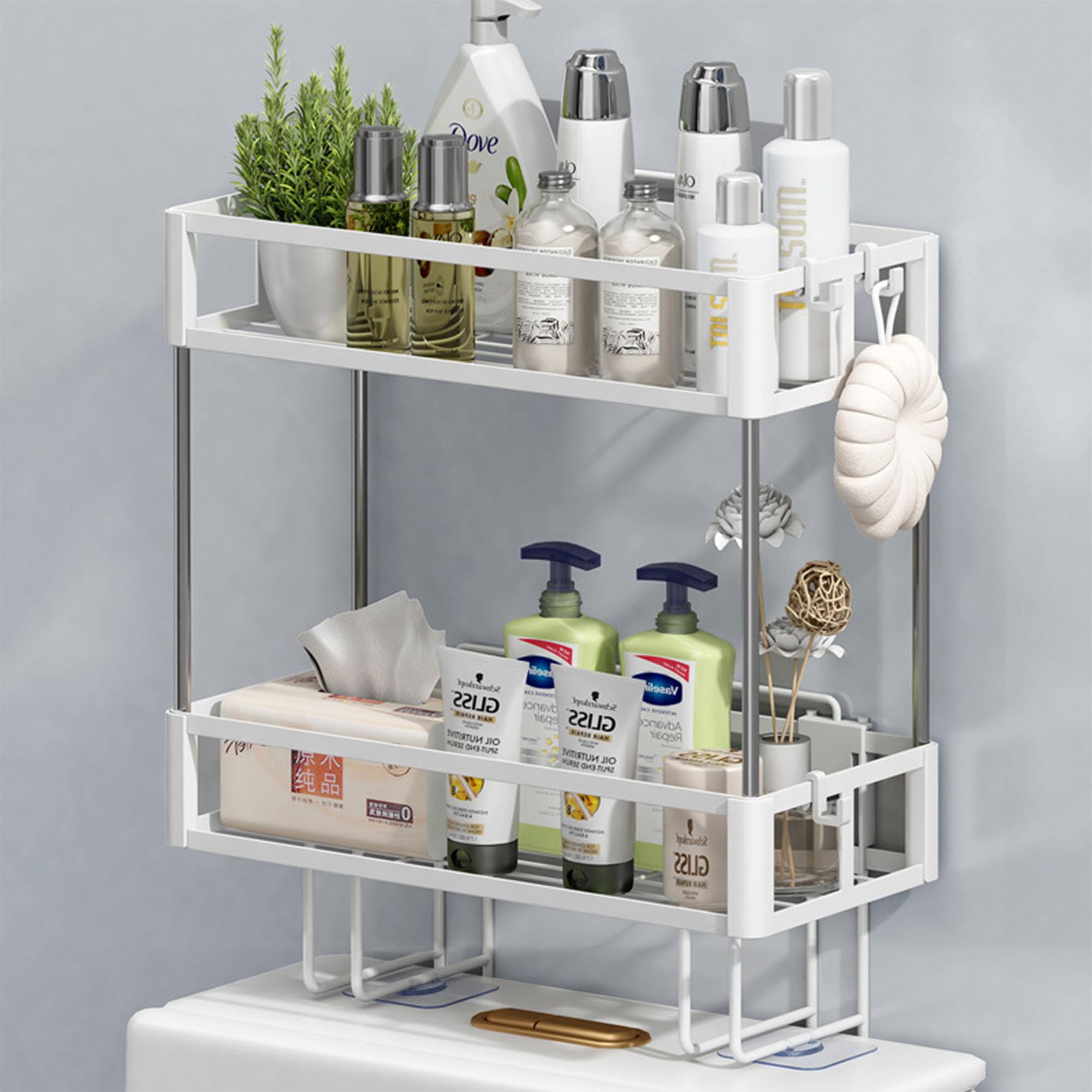 ZYOsJK Over The Toilet Storage 2-Tier Bathroom Organizers and Storage,Bathroom Storage Over The Toilet with 4 Hook & Suction Cup,Wall Mounted Floating Shelves Furniture (White)