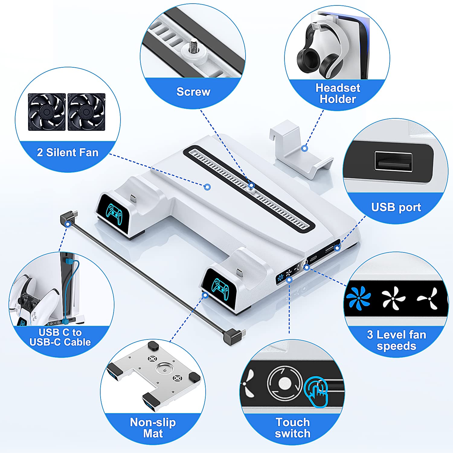 OIVO PS5 Stand with Cooling Fan and Headphone Holder, PS5 Controller Charger for PS5 Controller, Space Saving 10 Game Storage for Playstation 5 Console