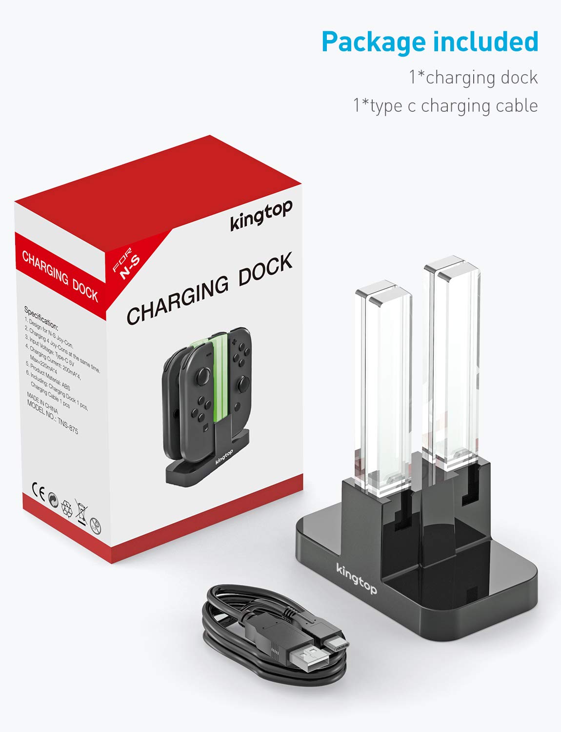 KINGTOP Charging Station Compatible for Nintendo Switch Joy-Con & OLED Model Controllers Charger Dock Stand with Individual LEDs Indicator and Type C Charging Cable