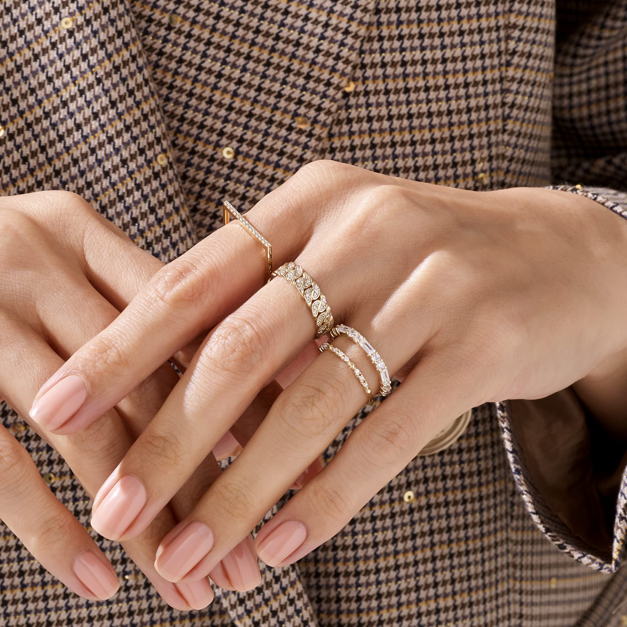 Norm Jewels 14k Gold D Shaped Bar Ring Solid Gold Pinky Rings for Women Real Gold Cubic Zirconia Ring Dainty Gold Stackable Rings (Yellow Gold, 8)