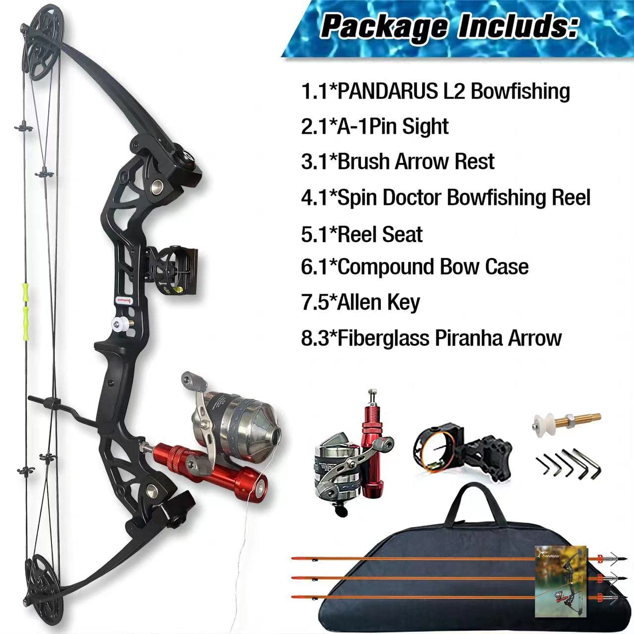 PANDARUS Bowfishing Bow Kit with Arrow Ready to Shoot Right Handed 15-45 LBS Draw Length 18"-29.5" Adjustable,Axle-to-Axle: 34.2",Complete Compound Bow Fishing Kit 2024 New(Black Left Handed)