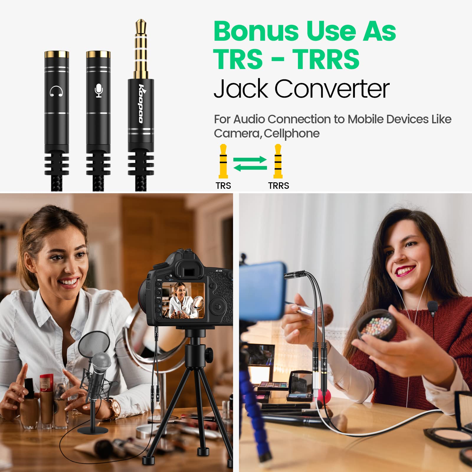 KOOPAO 3.5mm Mic and Headphone TRRS Splitter, Microphone and Audio Combo Headset Adapter, Compatible with PS4, PS5, Xbox One S, Nintendo Switch, Cellphone, Laptop, PC, Dual Jack Headsets, (Braided)