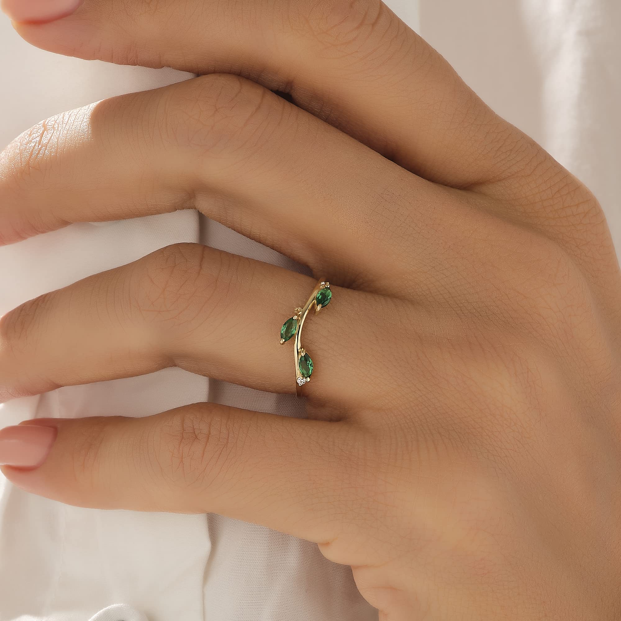Norm Jewels 14k Gold Leaf Wedding Bands for Women Emerald Stackable Rings May Birthstone Stacking Rings Yellow Gold Rings (Yellow Gold, 3.5)
