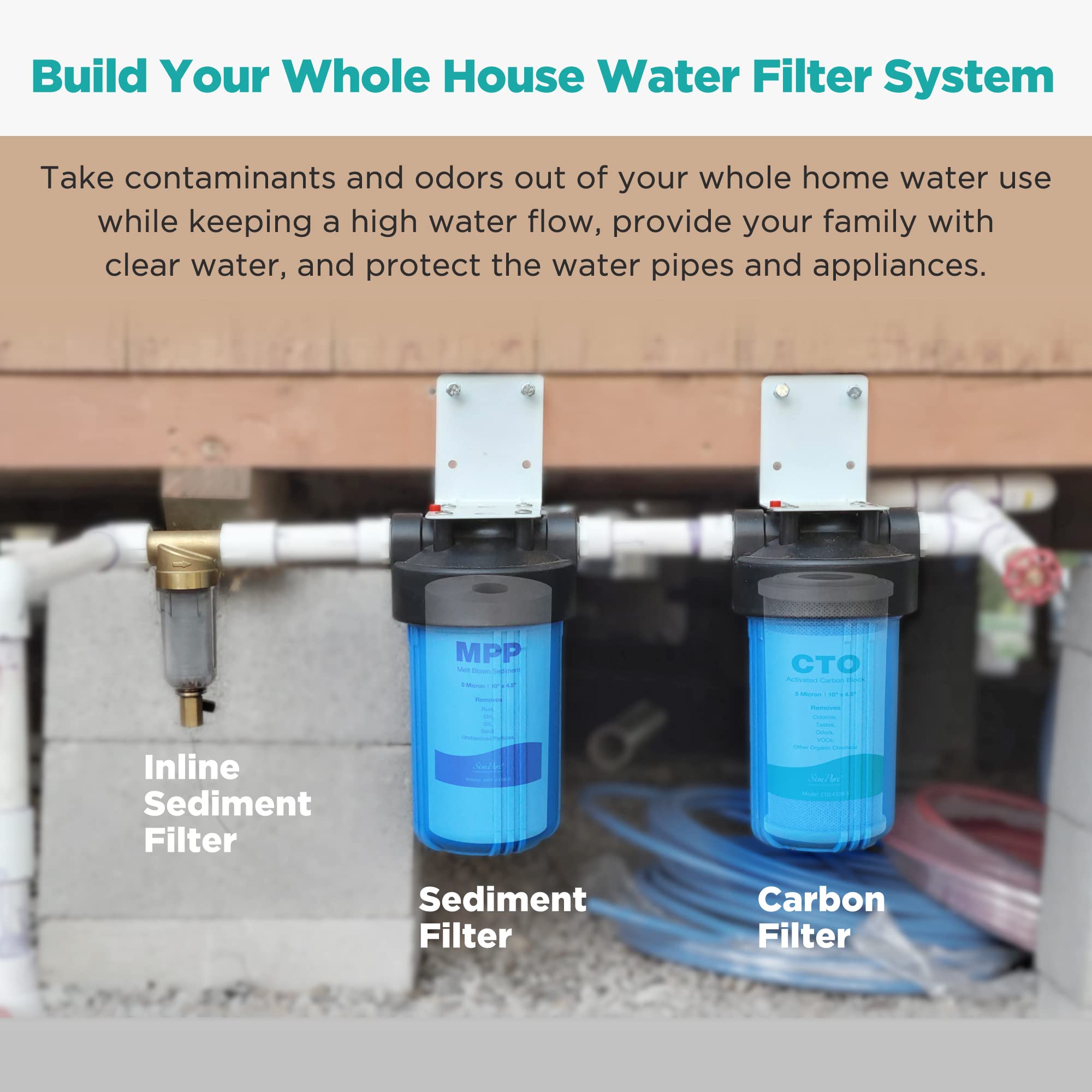 SimPure 10-inch Filter Housing with 10" x 4.5" CTO Carbon Filter Cartridges, Whole House Water System for Well and City Water