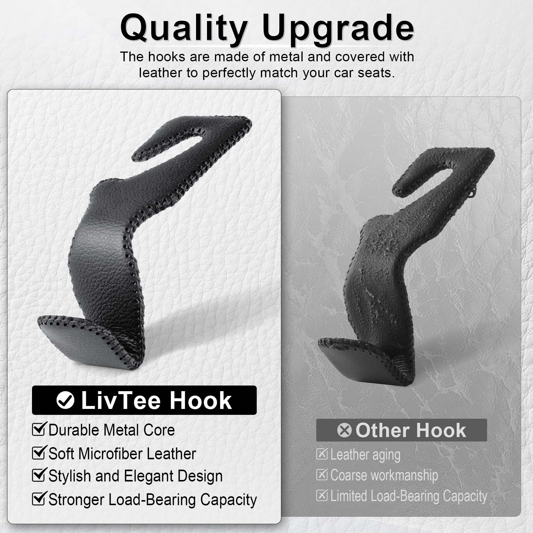 LivTee Black Superior Leather Car Seat Back Headrest Hook, Auto Seat Hook Hangers Interior Accessories for Purse Coats Umbrellas Grocery Bags Handbag, 2-Pack