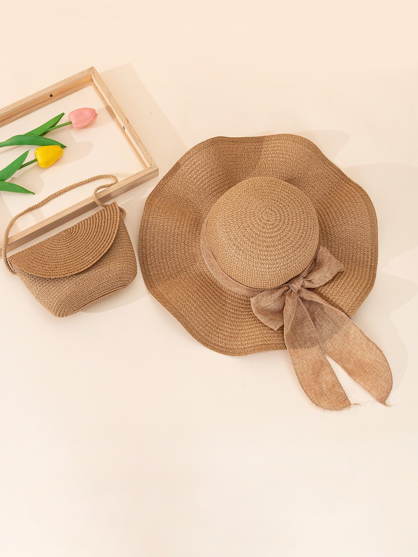 Verdusa Women's Bow Wide Brim Straw Sun Hat and Crossbody Straw Bag Set Khaki One-Size