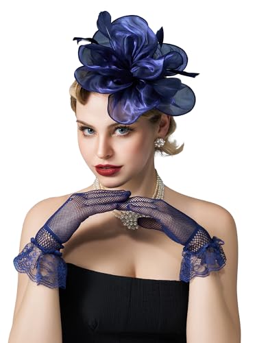 SWEETV Fascinators Hats for Women Tea Party Hat and Gloves Set for Kentucky Derby, Cocktail, Wedding, Fancy Dress Party Blue