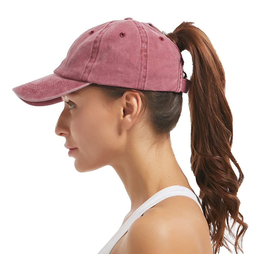 Leotruny Women Washed Cotton High Ponytail Baseball Cap (C21-2pcs Distressed Black+Grey)