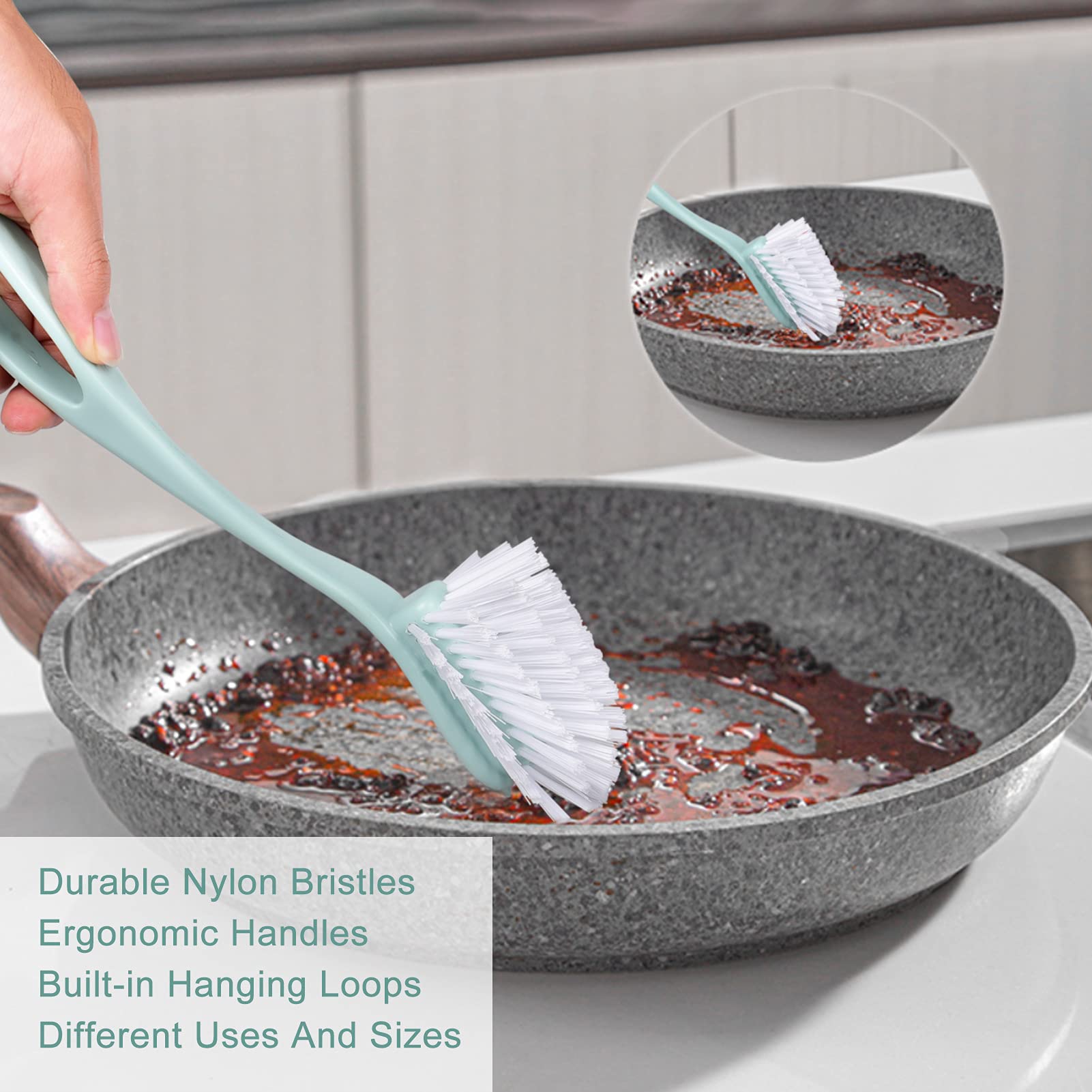 Perastra Dish Brush with Handle, Kitchen Dish Scrub Brush Set, 4-Piece Kitchen Cleaning Brush Set for Pots and Bottles, Nordic Green