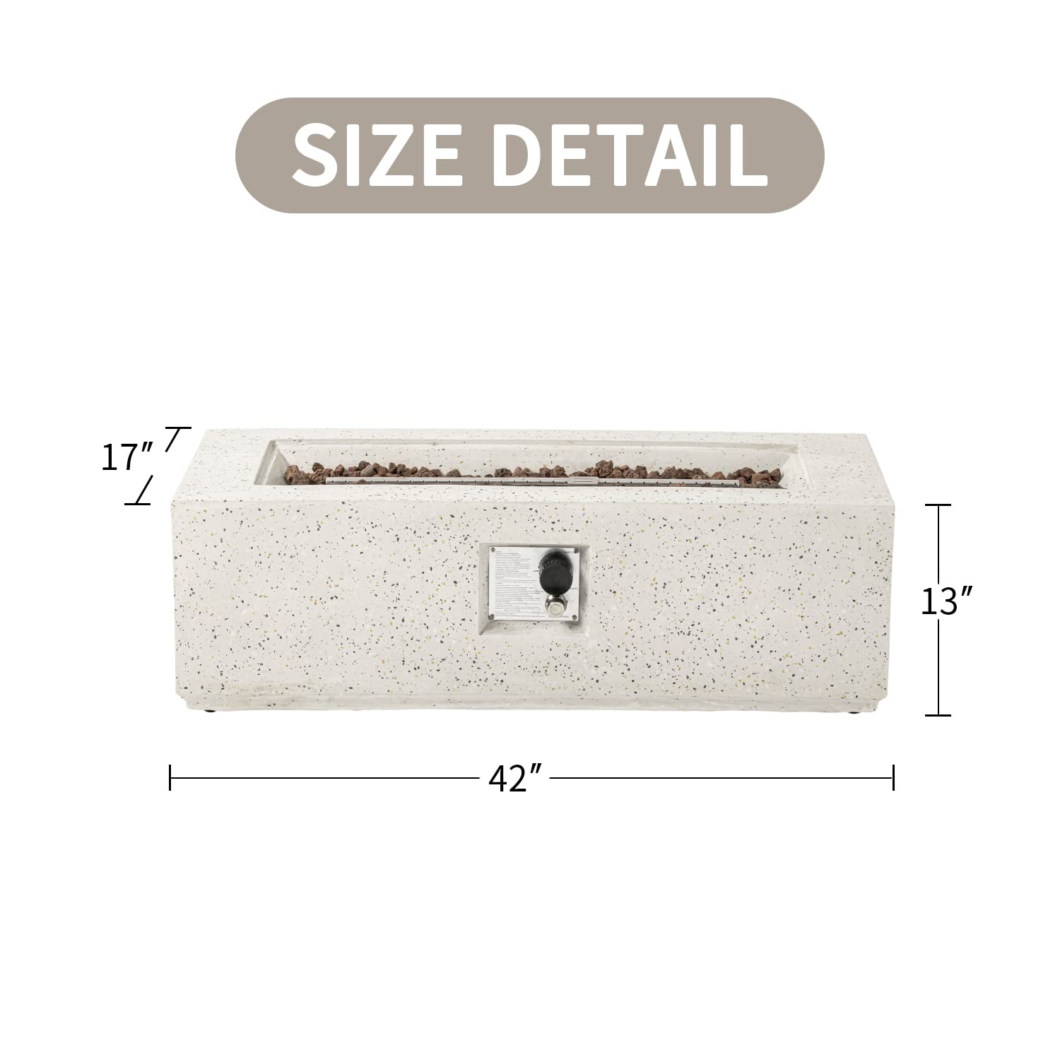 SUNBURY Outdoor 42 Inch Propane Fire Pit Table, Rectangular Fire Table, 40,000 BTU Spotted White Patio Gas Fire Table w Lava Rocks, Waterproof Cover