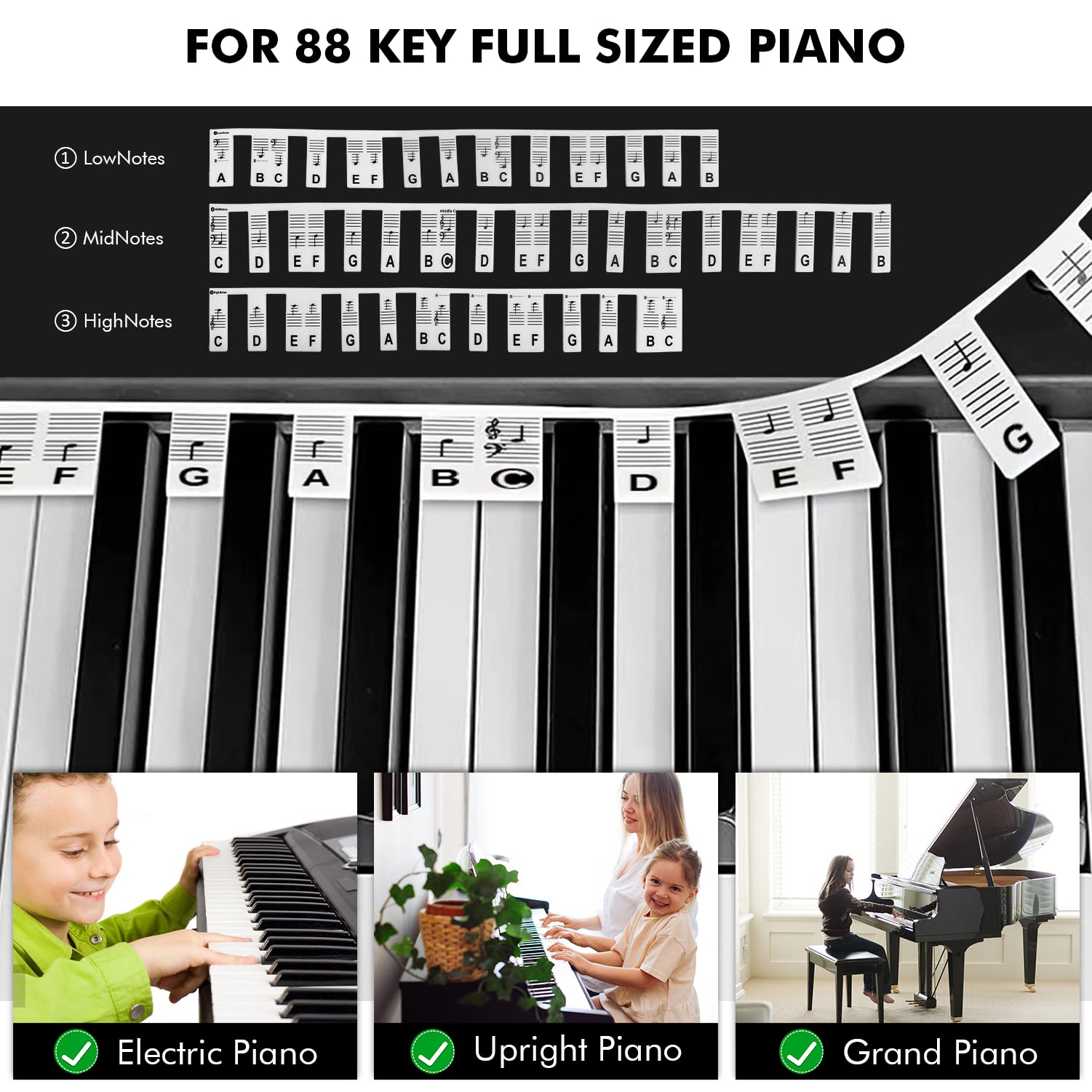 Removable Piano Keyboard Note Labels, Reusable Piano Notes Silicone Strips 88-Key Piano Music Notes Letter Label Guide Without Stickers, A Great Learning Tool for Beginner Piano Player of All Ages