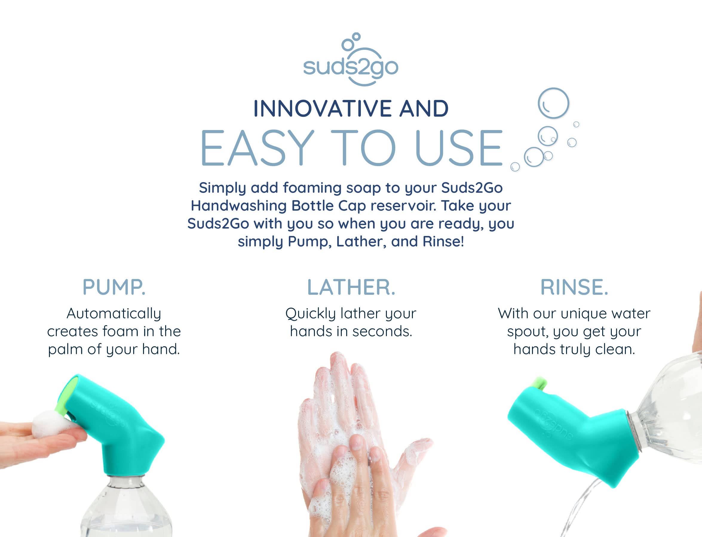 Suds2Go Refillable Caps, 2 Pack - Universal Fit Turns Most Disposable Water Bottles Into A Hand Washing Station - Includes Refillable Soap Reservoir - Conveniently Sized to Take on The Go - Teal