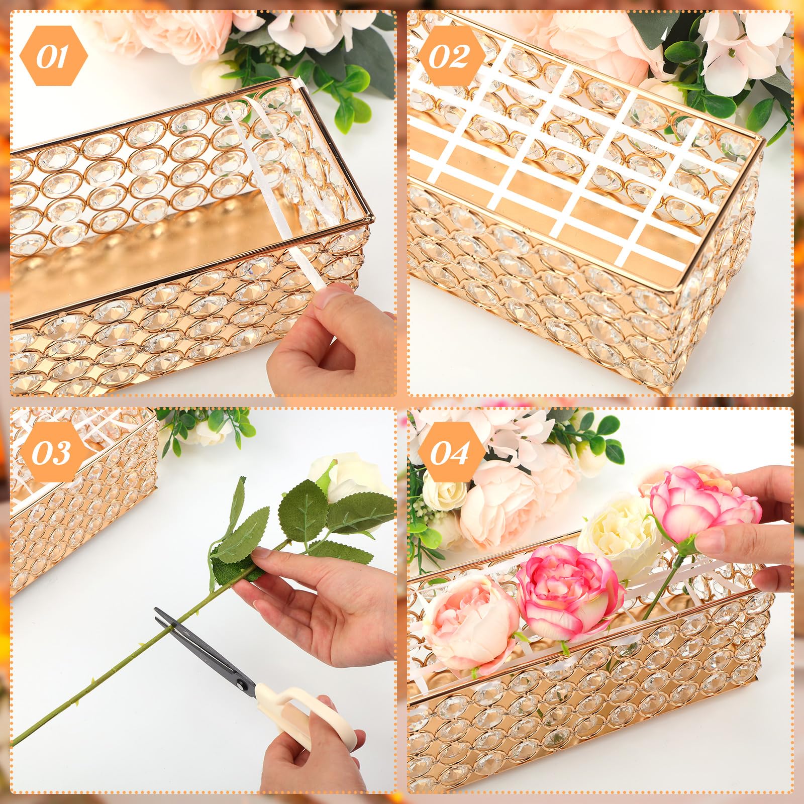 Maxdot Gold Crystal Rectangular Floral Centerpiece for Dining Table 12 Inches Long Rectangular Vase Candle Holders Tray Flower Gold Vases for Wedding Party Events Home Dining Table Decor
