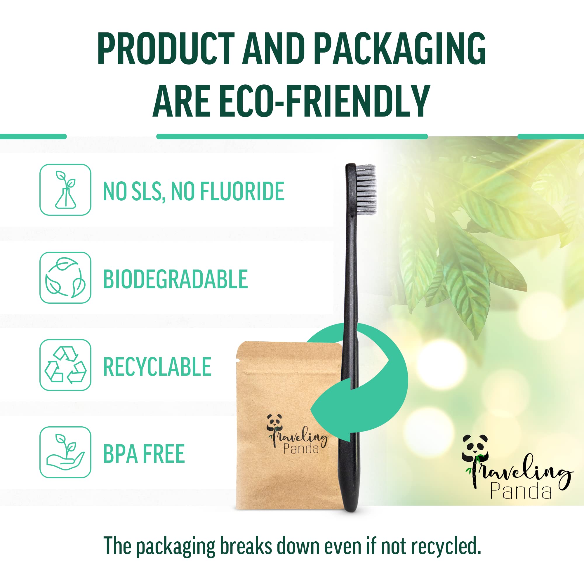 Traveling Panda Wheat Straw Toothbrushes, Charcoal Infused Soft Bristles Whitening, Travel Toothbrush Kit, Includes Brushes and Mint Toothpaste Tablets, 2 Large Brushes, 20 Tabs