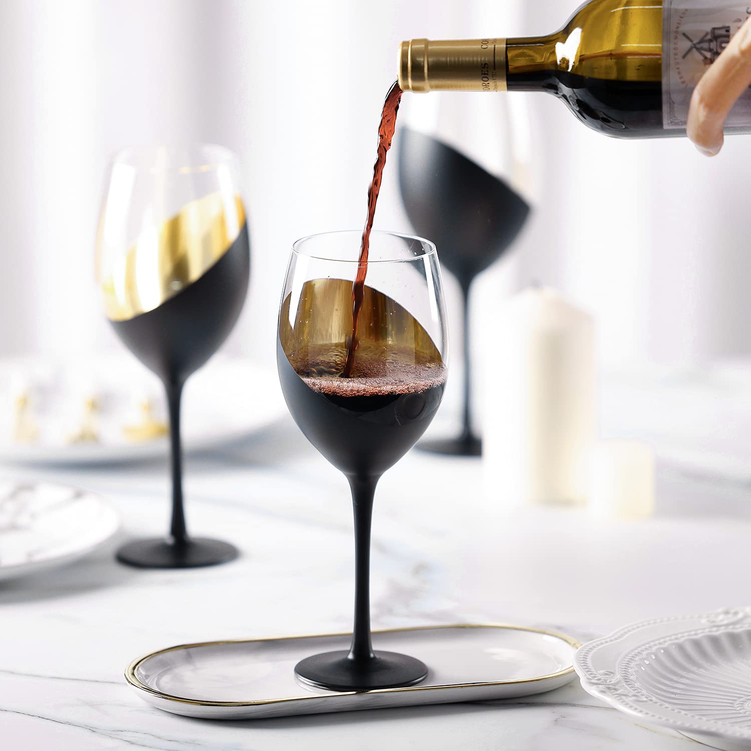 MyGift 14 oz Modern Matte Black & Gold Stemmed Titled Design Elegant Wine Glasses, Set of 4