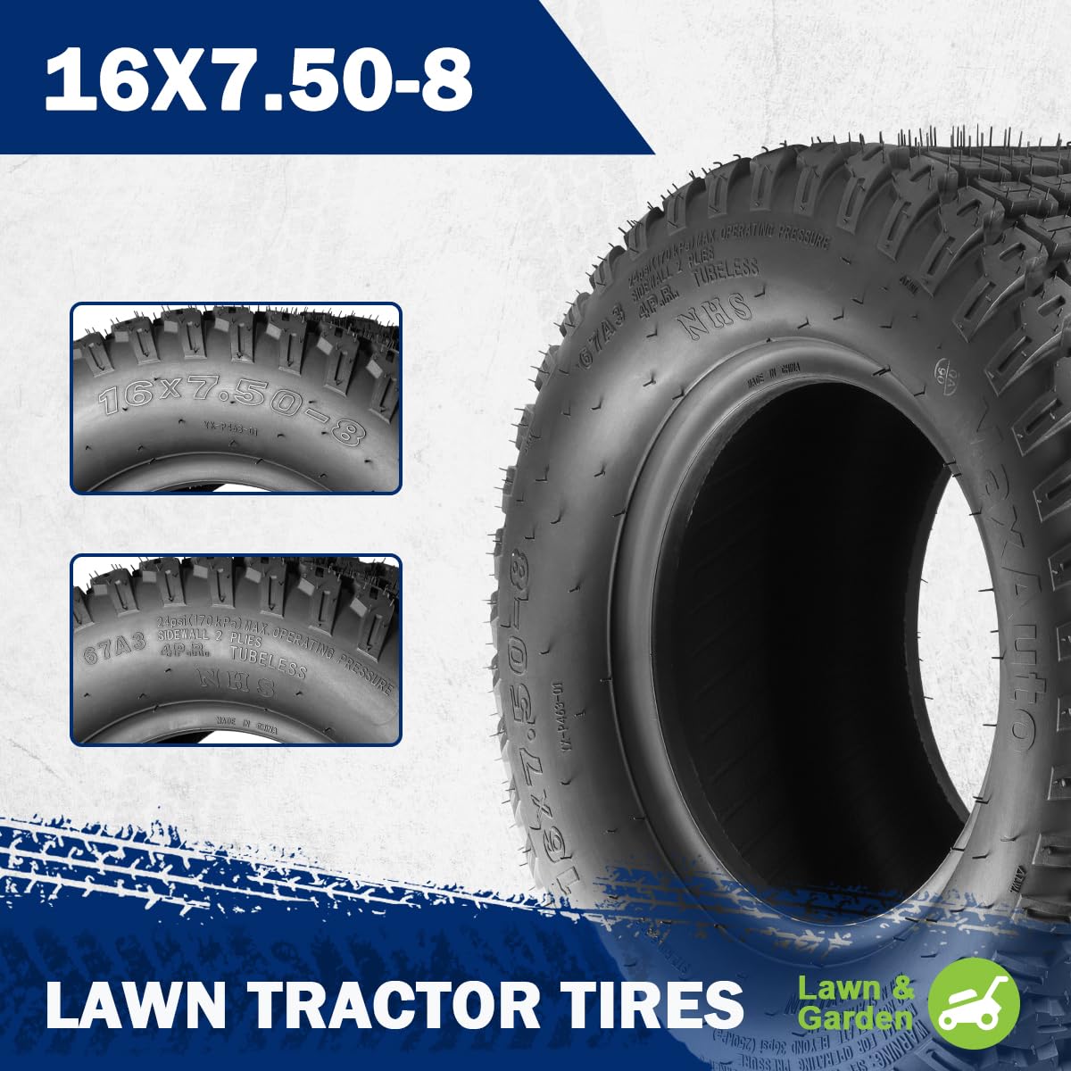 MaxAuto 16x7.50-8 16x7.5x8 Turf Saver Lawn Mower Tire 4PLY, Set of 2