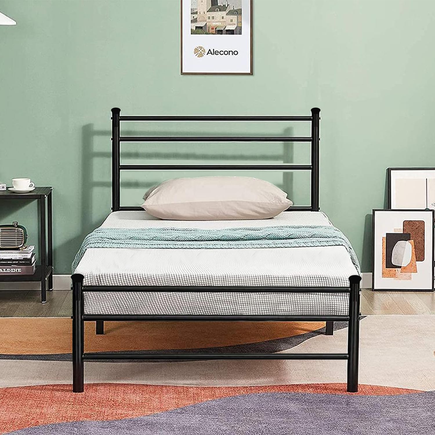 leheyhey Twin Size Bed Frame Reinforced Heavy-Duty Black Metal Bed Frame for Easy Assembly,No Box Spring Needed,Load Capacity 250kg/550lb