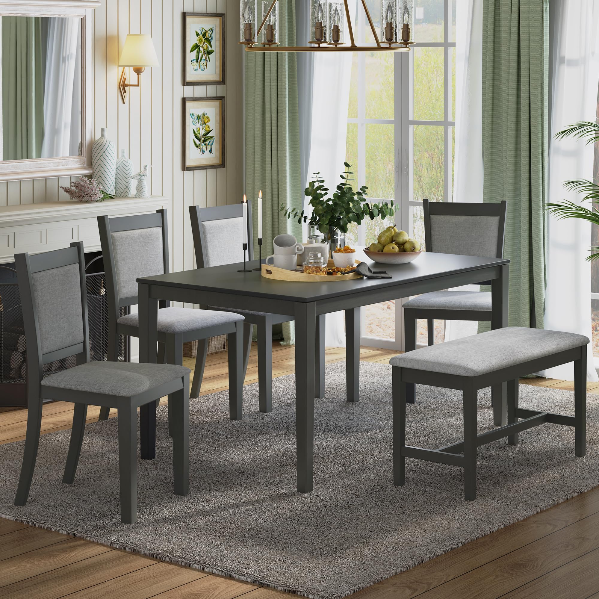 Lepfun 6, Rustic Solid Wood Dining, Kitchen Set with Rectangular Table, 4 Chairs and 1 Bench, for Home, Apt, Small Space, Grey
