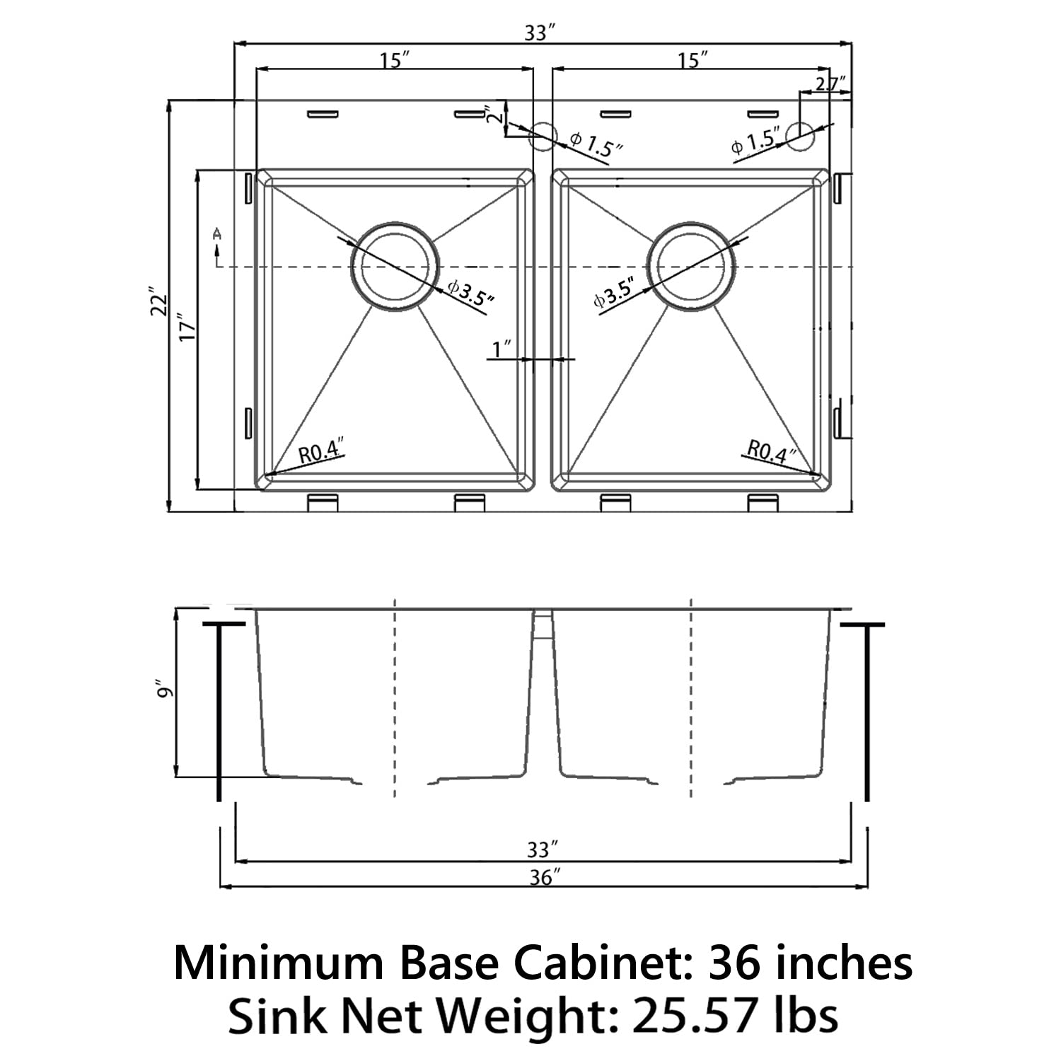 Sinber 33" x 22" x 9" Drop In Double Bowl Kitchen Sink with 18 Gauge 304 Stainless Steel Satin Finish HT3322D-9-S (Sink Only)