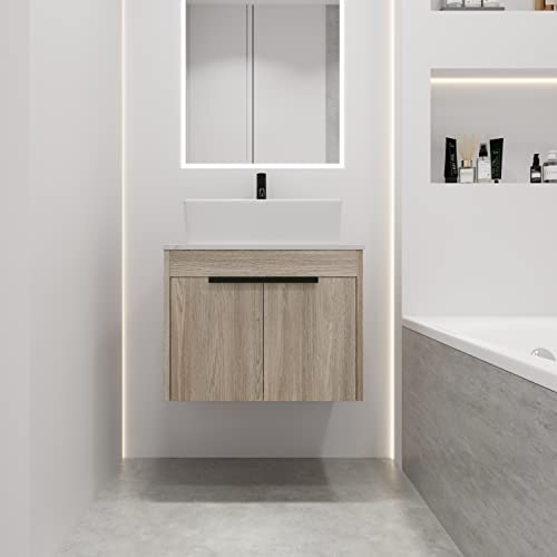 Lifeand 24" Modern Design Float Bathroom Ceramic Basin Set, Wall Mounted Vanity with Soft Close Door,2 Pieces Parcel,White Oak