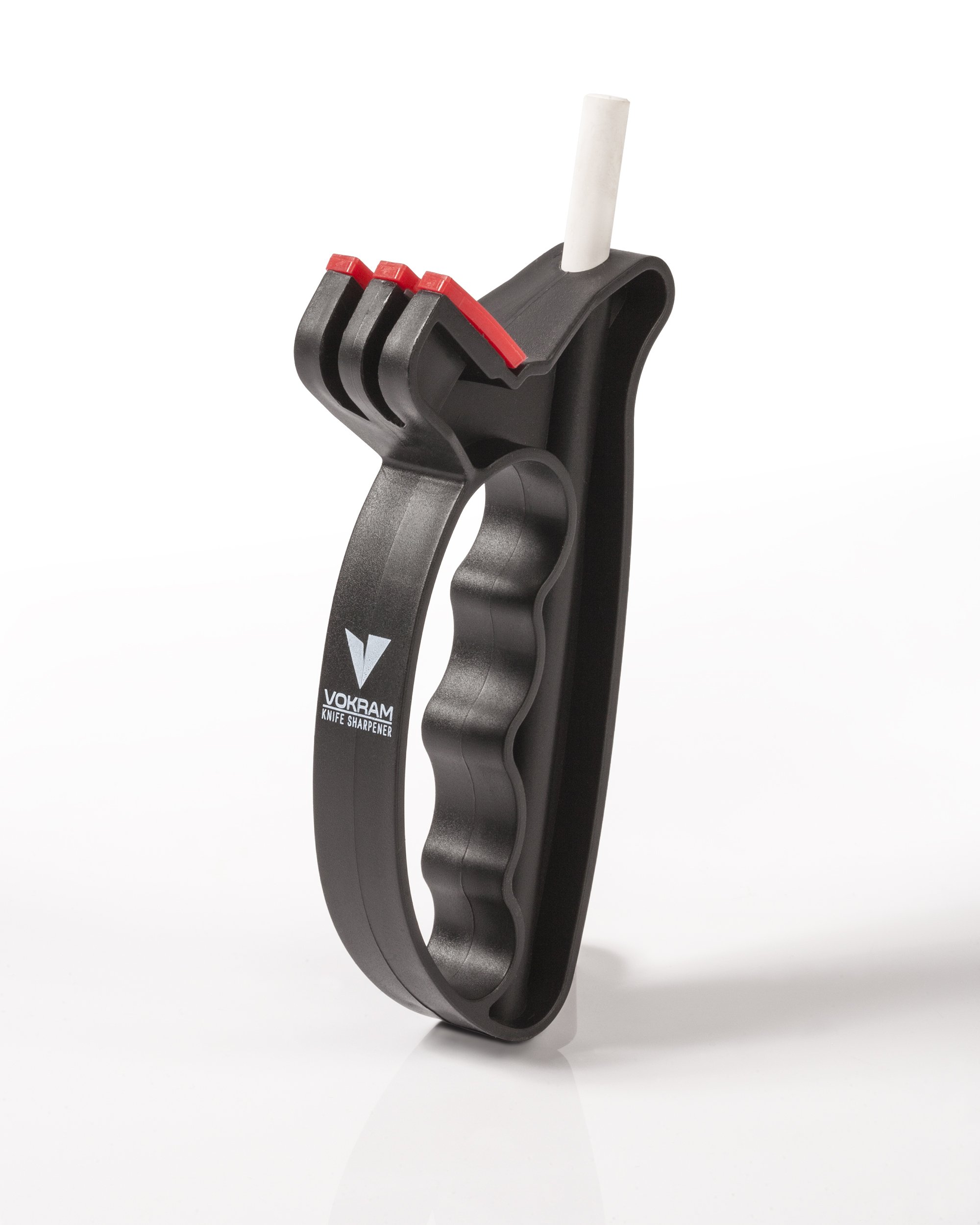 Manual Knife Sharpener with Comfortable Ergonomic Handle, Has Separate Tungsten Carbide Blades for Knives & Scissors & Extendable Ceramic Rod for Serrated & Specialty Knives, Black & Red by Vokram