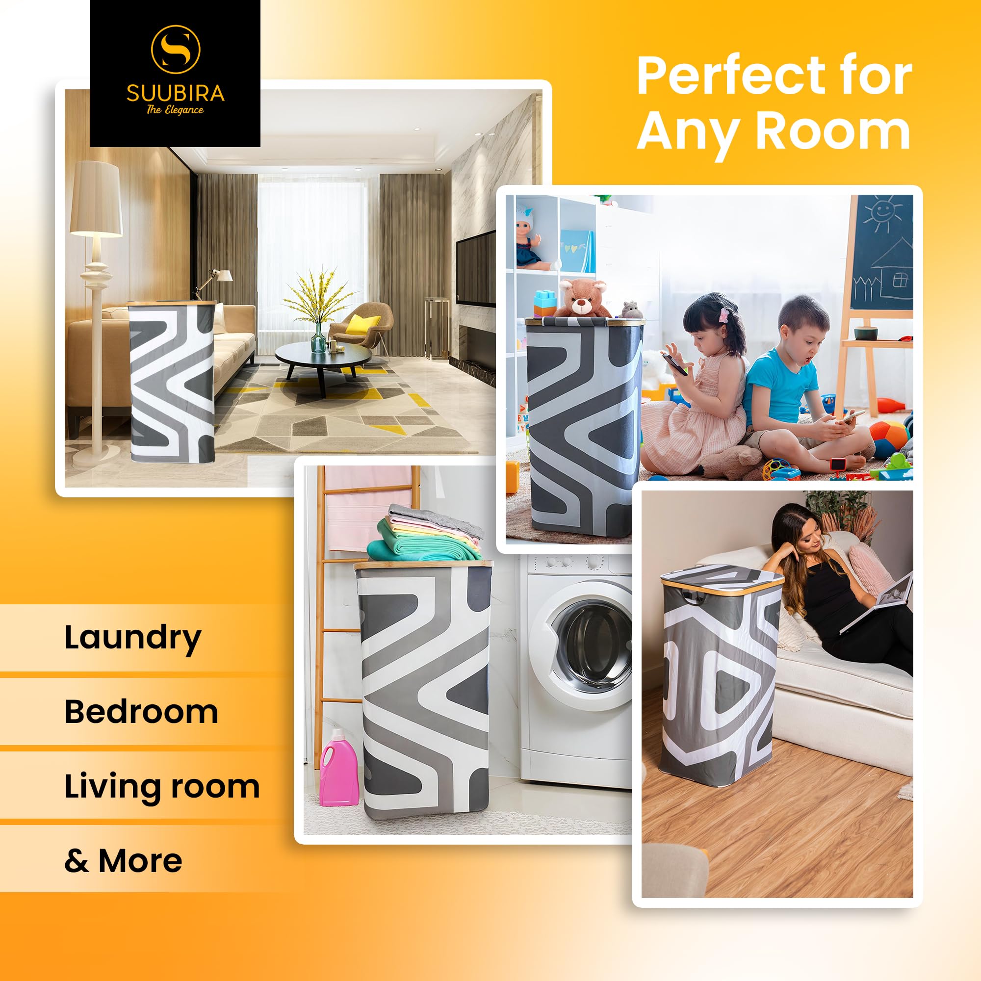 SUUBIRA Laundry Hamper with Lid β Dirty Clothes Hamper with Bamboo Handle β 100L Modern Hampers for Laundry β Collapsible Laundry Basket with Lid and Removable Mesh Bag