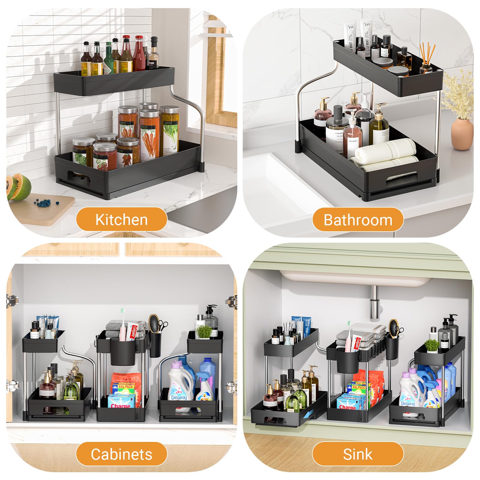 KOOTETA 3 Pack Under Sink Organizer, 2 Tier L-shaped Sliding Under Bathroom Cabinet Organizer, Multi-Purpose Pull Out Under Sink Organizers and Storage for Kitchen