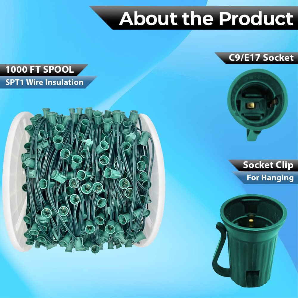 MIK Solutions 1000 Feet C9 Christmas Spool Green Wire with Socket Stringer Bulk Reel, 12" Spacing, Intermediate Base (C9/E17), SPT-1 (1000, 1000Ft)