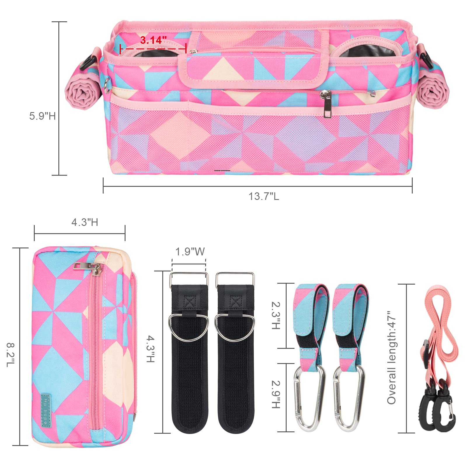 Universal Stroller Organizer,Non-Slip Stroller Caddy with Insulated Cup & Holder Detachable Zipper Bag Phone Bag,Fits for Nearly Any Strollers