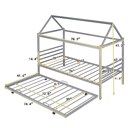 Lifeand Twin Size Metal House Shape Platform Bed with Trundle,Silver