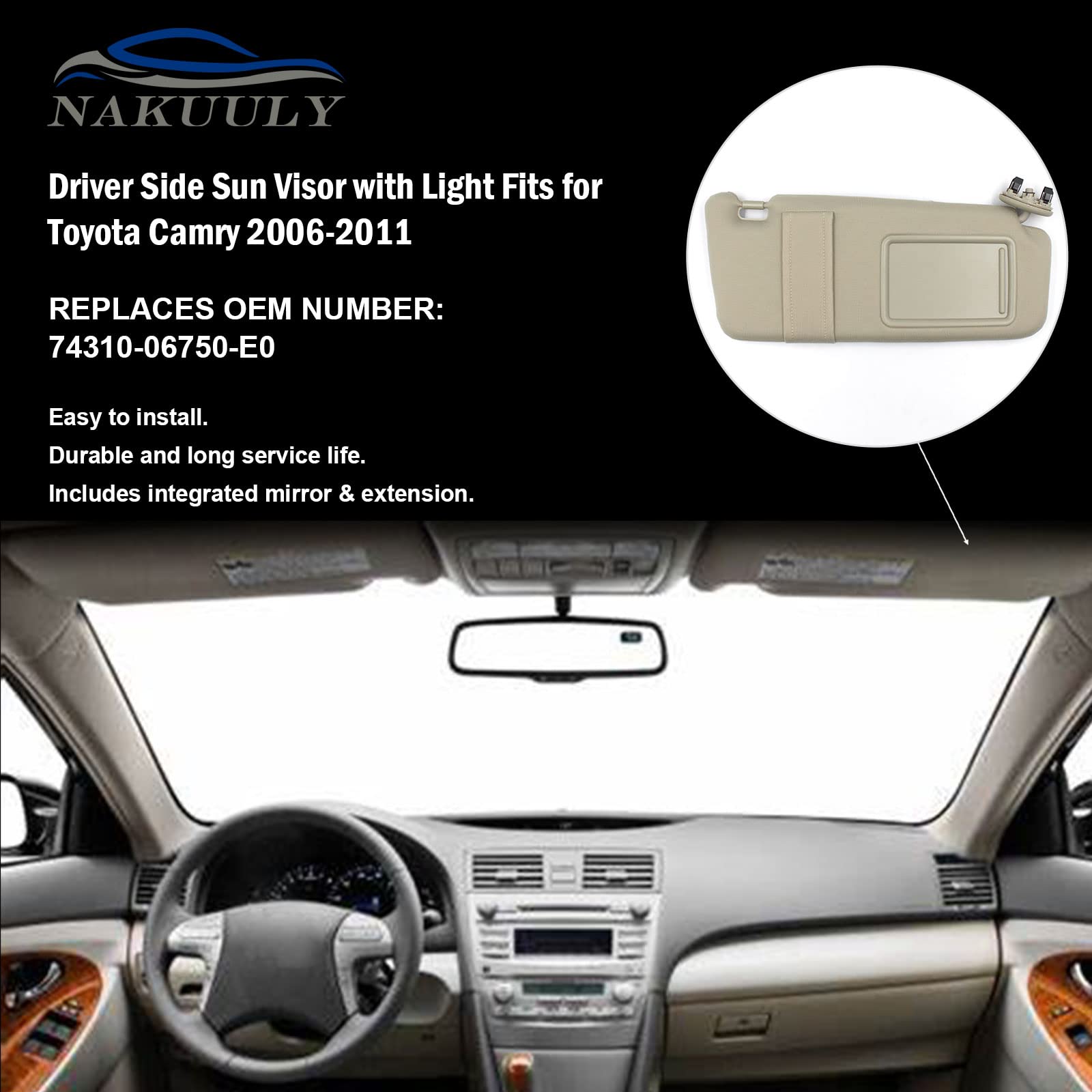 Nakuuly Right Passenger Side Sun Visor Beige Without Sunroof Compatible with Toyota Camry 2006 2007 2008 2009 2010 2011 Replaces # 74310-06750-E0