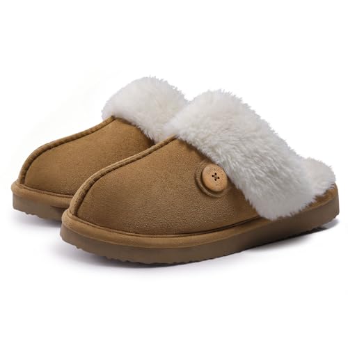 Litfun Fuzzy Slippers for Women with Memory Foam Winter Fluffy House Shoes Indoor Outdoor, Khiki Women Size 8-8.5