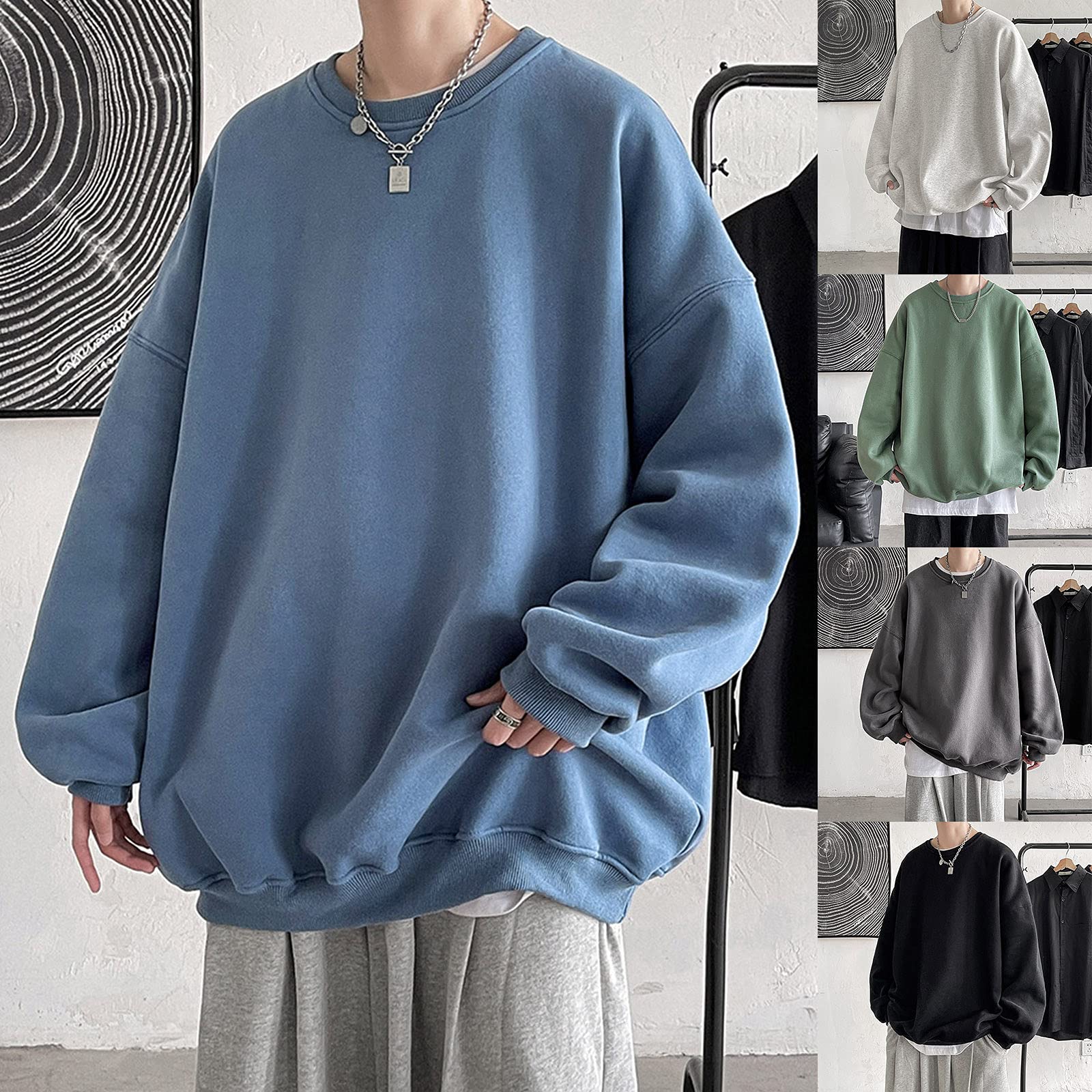 melupa Mens Oversized Crewneck Sweatshirt Long-Sleeve Lightweight Terry Pullover Basic Solid Casual Workout Shirt Tops Blue, X-Large
