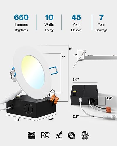 Sunco 12 Pack 4 Inch Ultra Thin LED Recessed Ceiling Lights Slim, Selectable CCT 2700K/3000K/3500K/4000K/5000K, Dimmable, 10W, Wafer Thin, Canless with Junction Box - ETL T24
