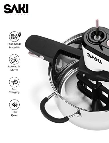 SAKI Automatic Pot Stirrer for Cooking, with 2 speeds, Adjustable, Hands Free, BPA free, Cordless and Rechargeable (2021 Updated Battery)
