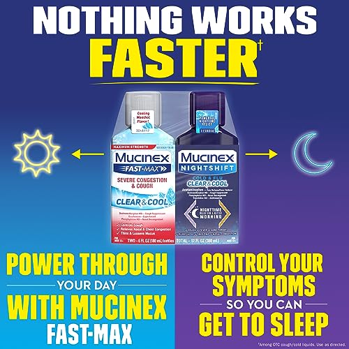 Maximum Strength MUCINEX Fast-MAX Severe Congestion & Cough Clear & Cool & MUCINEX Nightshift Cold & Flu Clear & Cool Liquid (2 x 6 fl. oz.) Multi-Symptom Relief with a Burst of Cooling Menthol