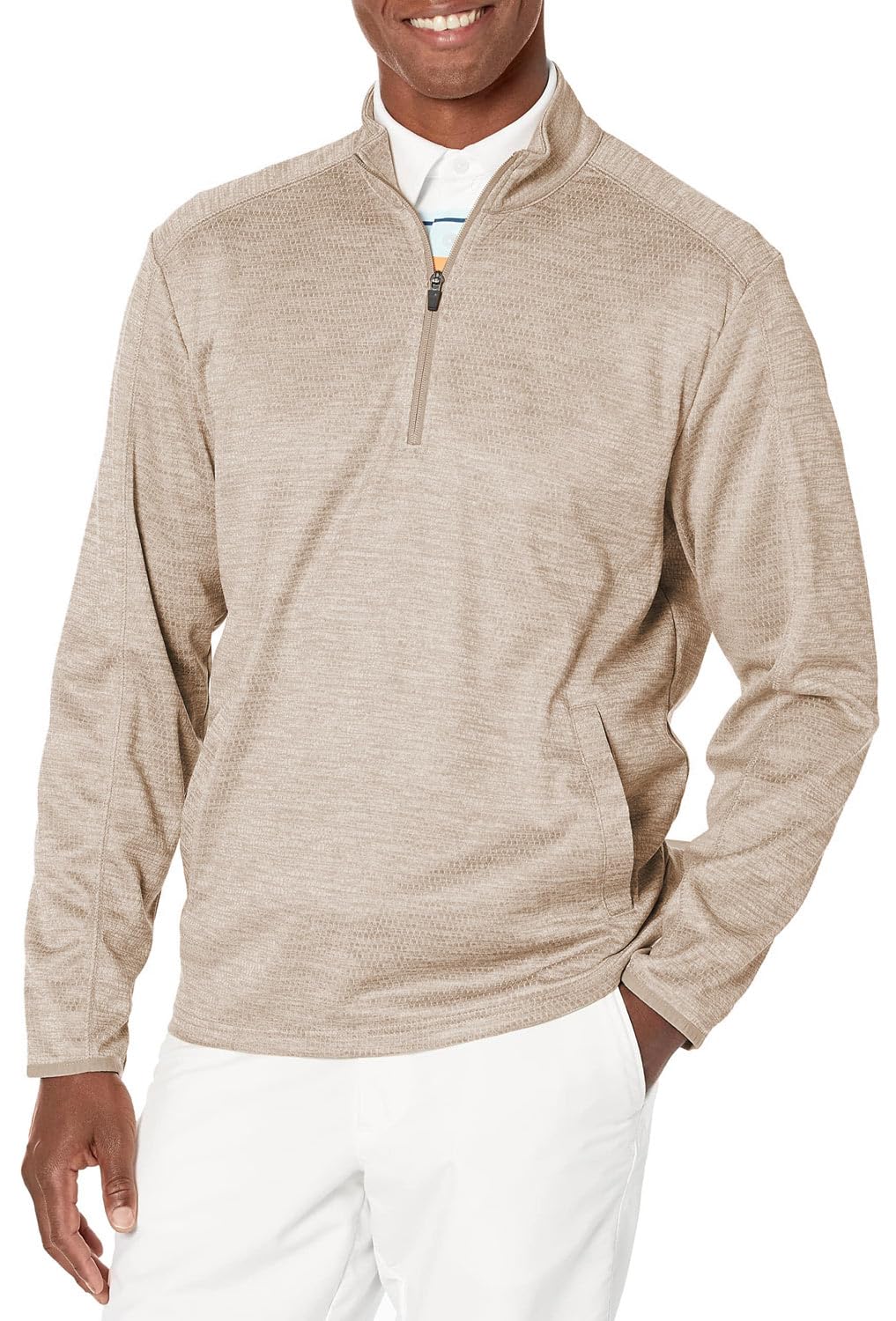 PGA TOUR Men's Textured Fleece 1/4 Zip Jacket Base Layer, Khaki HTR, Medium